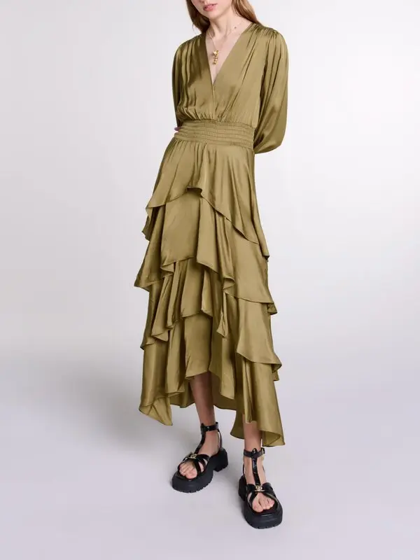 Maje Viscose Tiered Maxi Dress - Khaki
