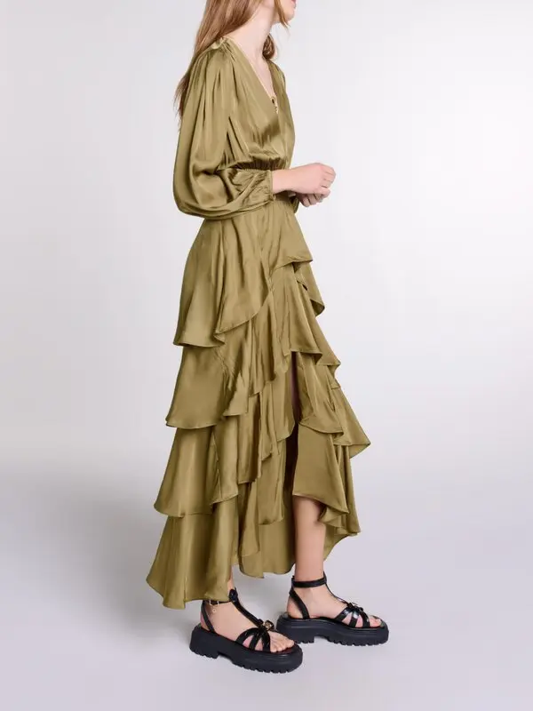 Maje Viscose Tiered Maxi Dress - Khaki