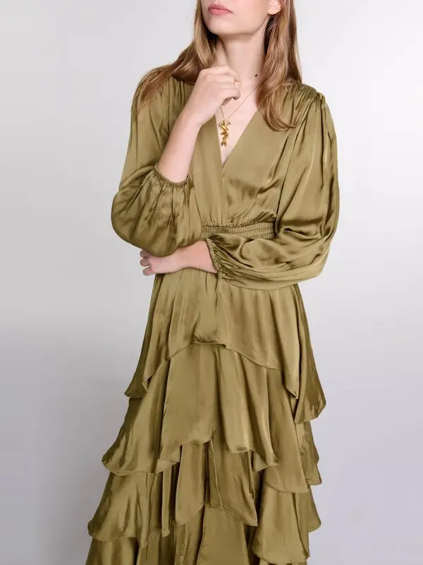 Maje Viscose Tiered Maxi Dress - Khaki