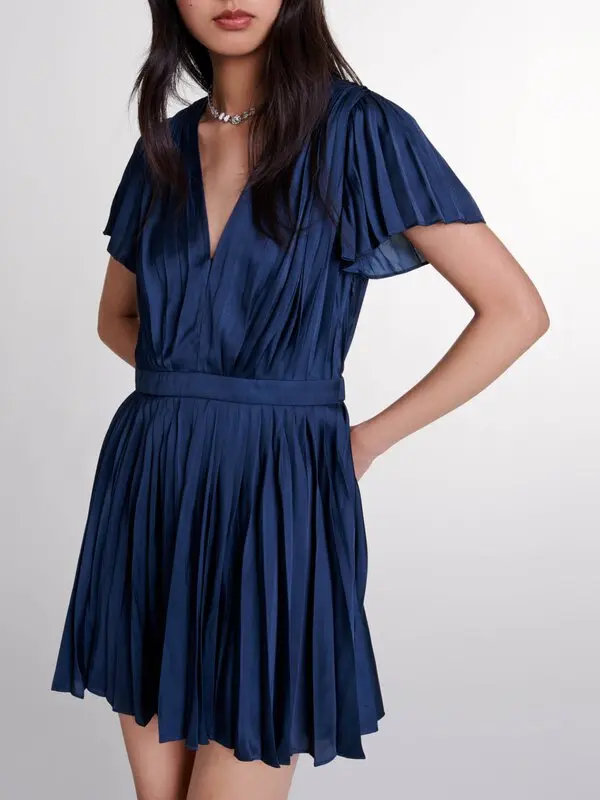Maje Pleated Satin-effect Short Dress