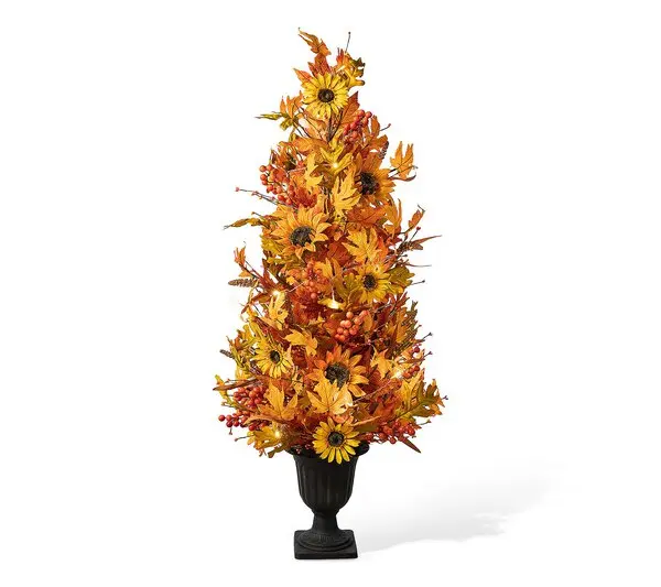 GLITZHOME 48'h Fall Lighted Maple And Sunflower Urn Porch Tree - One-color