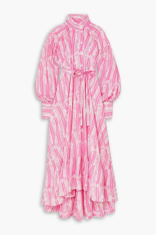 PATOU Belted Tiered Printed Cotton Poplin Maxi Dress