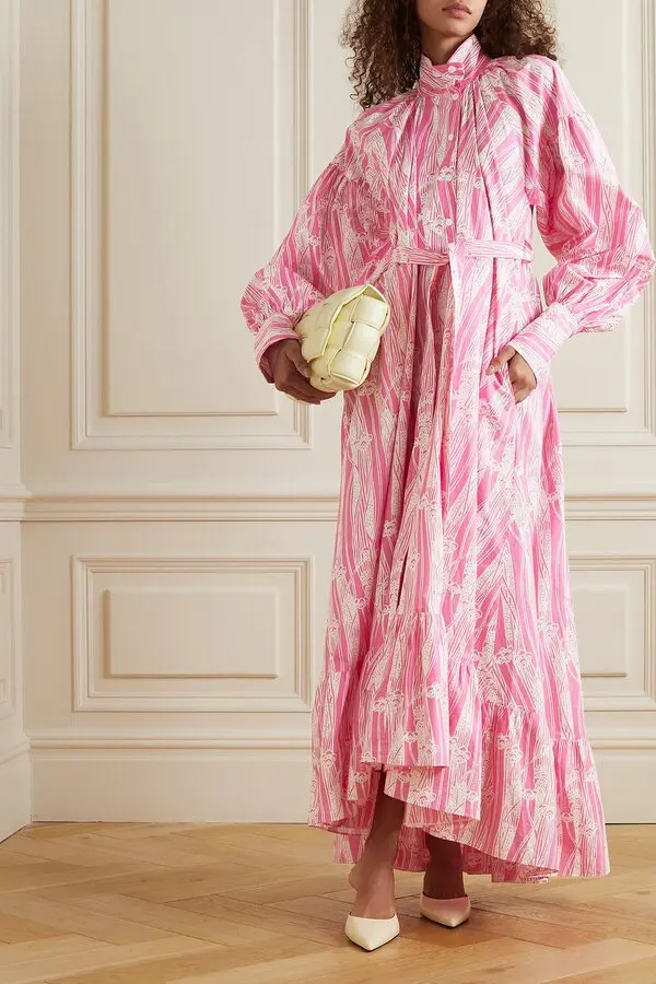 PATOU Belted Tiered Printed Cotton Poplin Maxi Dress