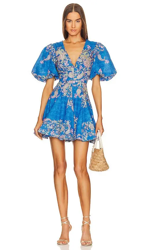 Hemant & Nandita Floral Embroidered Linen Mini Dress - Blue