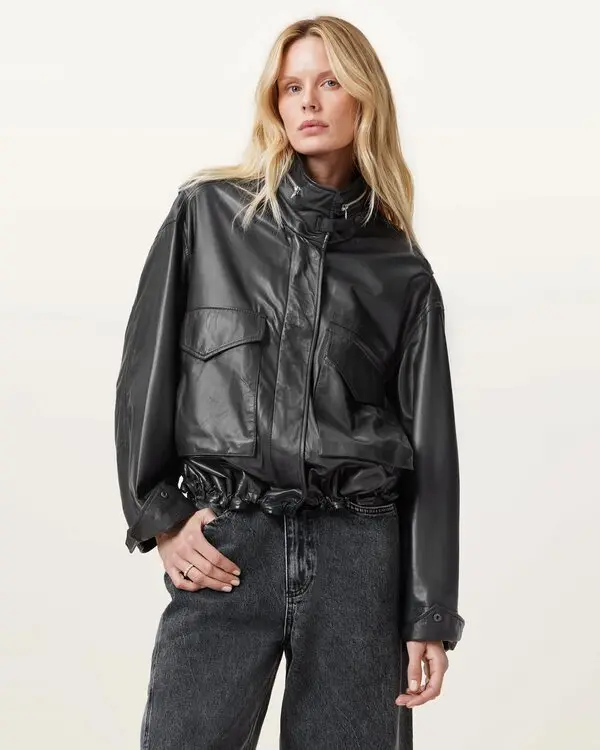 ALLSAINTS Clay Funnel Neck Cropped Leather Jacket - Black