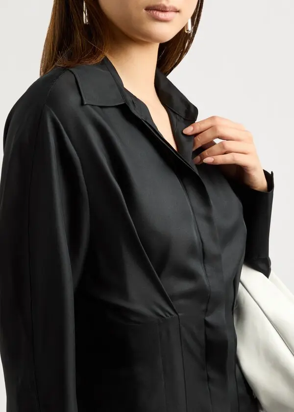 black silk shirt dress womens Washable Stretch Silk Shirt Dress in Black