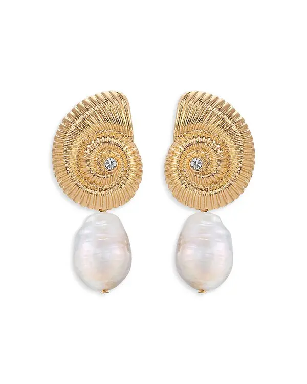 Ettika Swirled Shell Cultured Freshwater Pearl Earrings - White/gold