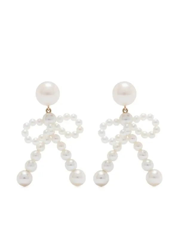 Sophie Bille Brahe 14kt Yellow Gold Bow Pearl Drop Earrings - Neutrals