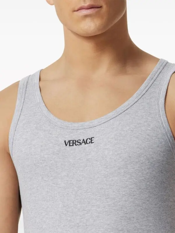 Versace Logo-embroidered Ribbed Tank Top - Grey