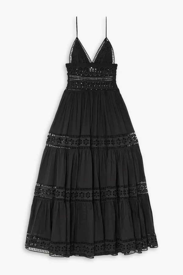 Charo Ruiz Ibiza Guipure Lace-Trimmed Tiered Cotton-Blend Poplin Maxi Dress  In Black - 55% Off | Editorialist