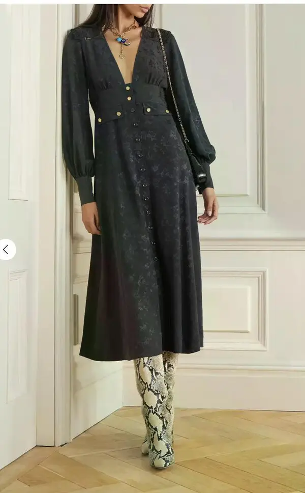 Maison Mayle Nerina Gathered Guipure Lace-trimmed Silk-jacquard Midi