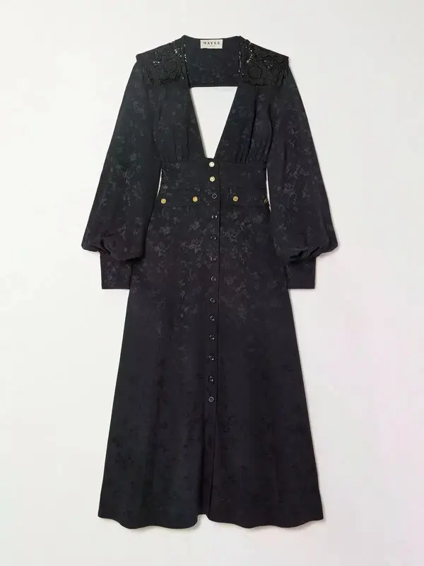 Maison Mayle Nerina Gathered Guipure Lace-trimmed Silk-jacquard Midi