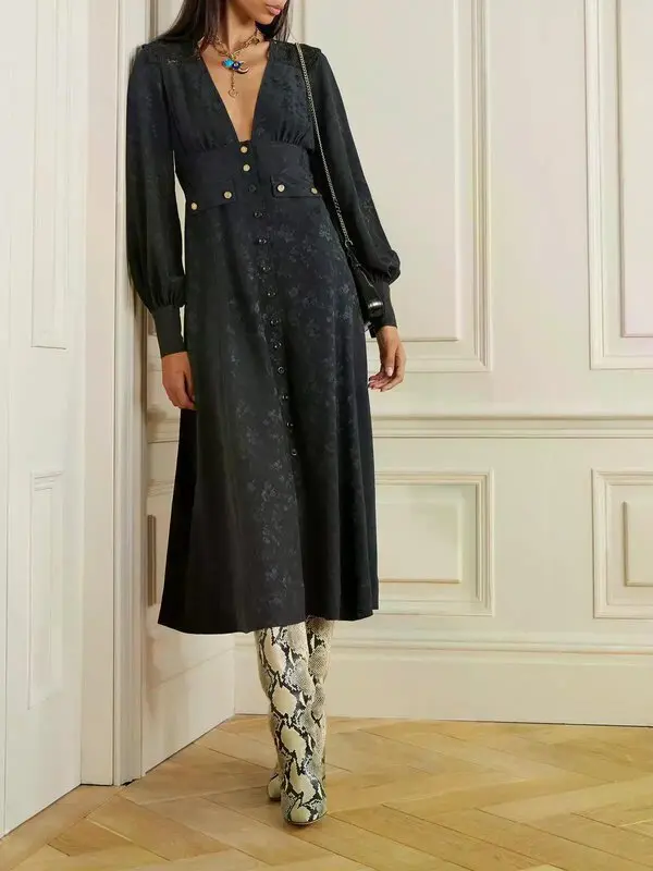 Maison Mayle Nerina Gathered Guipure Lace-trimmed Silk-jacquard Midi