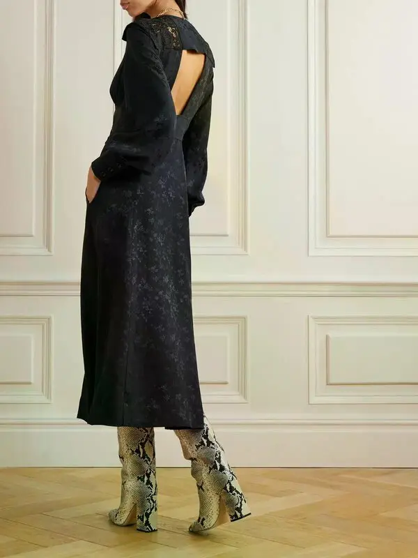 Maison Mayle Nerina Gathered Guipure Lace-trimmed Silk-jacquard Midi