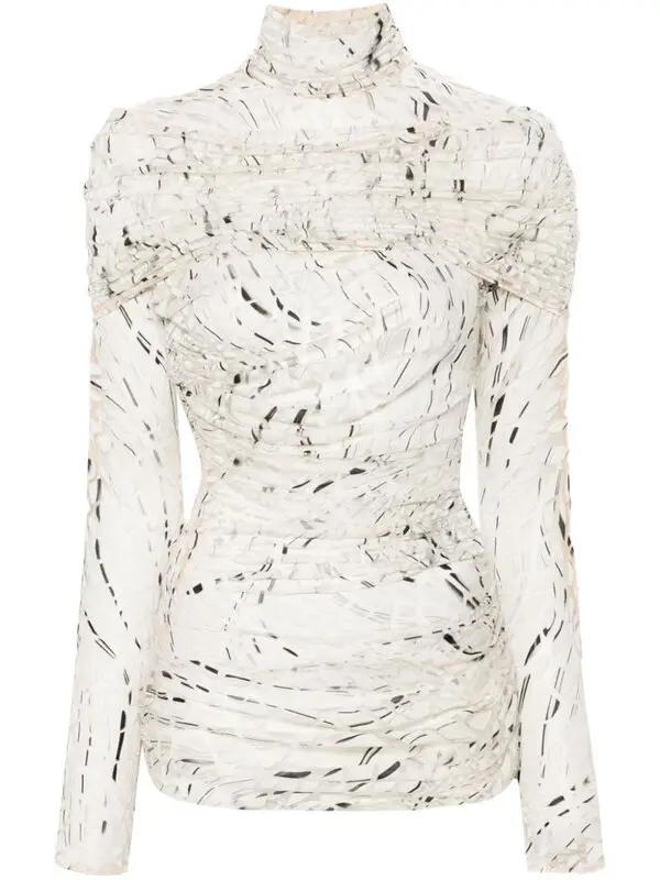 MUGLER Abstract-print Ruched Top - White