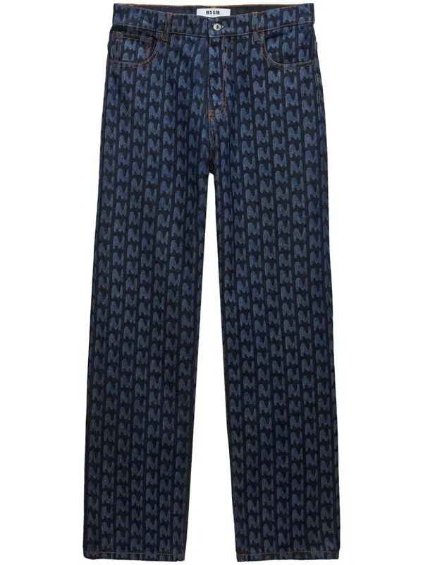 MSGM Monogram Print Cotton Jeans - Blue