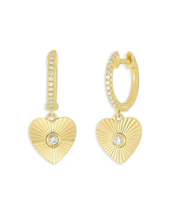 Ef Collection 14k Yellow Diamond Fluted Heart Charm Hoop Earrings - Gold