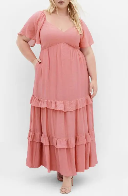 City Chic Marci Ruffle Tiered Maxi Dress Deep Rose 62% Off