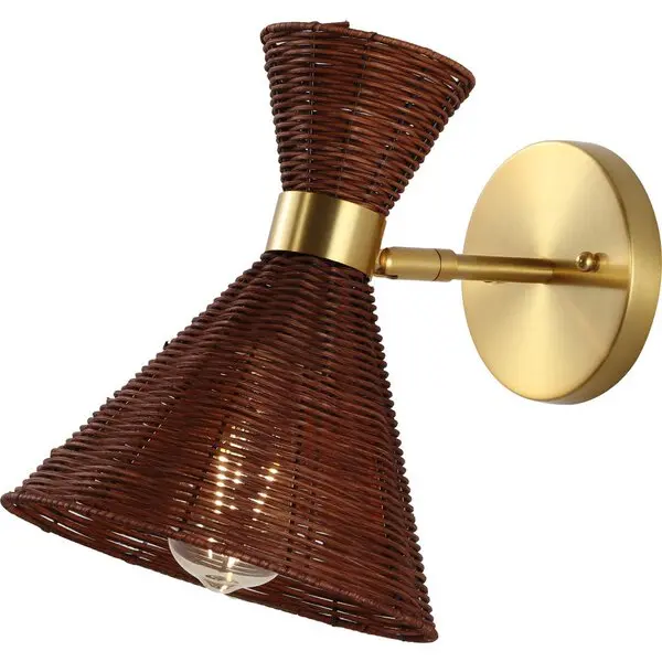 JONATHAN Y Zoey 1-light Mid-century Vintage Retro Rattan/metal Led Sconce With Adjustable Shade - Brass Gold/dark Brown