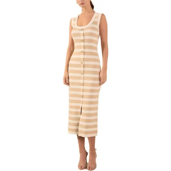 Endless Rose Stripe Knit Midi Dress - Sand/ivory