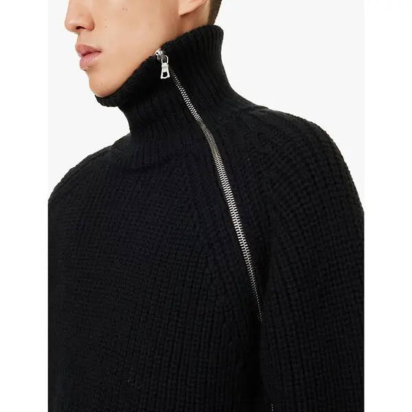 Dries Van Noten Asymmetric-Zip Chunky-Knit Wool Sweatshirt - Black