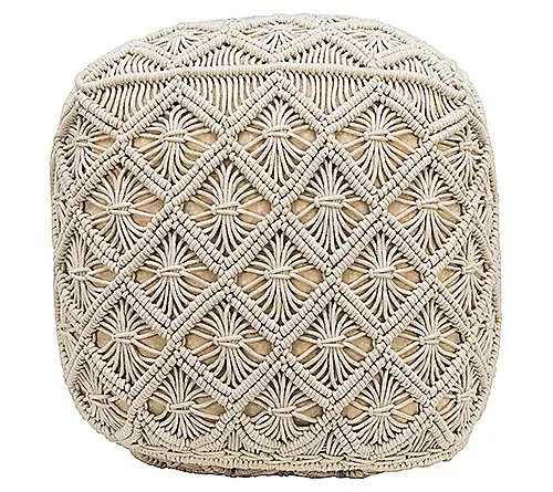 NORTHLIGHT Beige Handmade Macrame Natural Cotto N Square Pouf