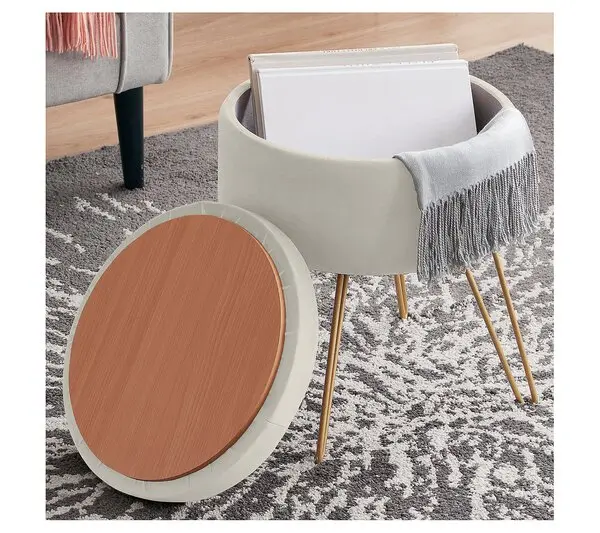 ORNAVO HOME Round Velvet Storage Ottoman With G Old Metal Legs - One-color