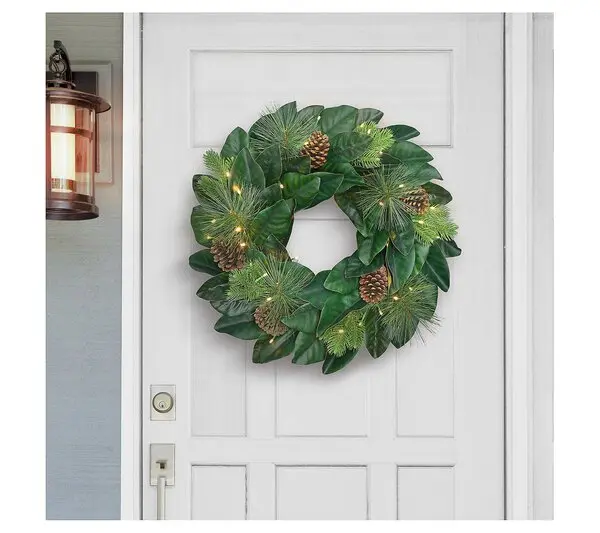 PULEO INTERNATIONAL 24in Pre-lit Magnolia Artif Icial Wreath - One-color