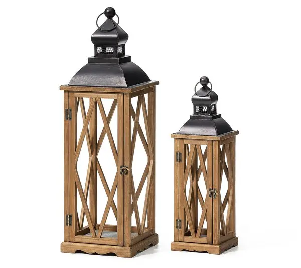 GLITZHOME S/2 Extratall Diamond Wood & Metal An Iqued Lanterns - One-color
