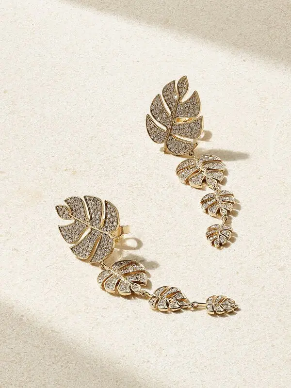 SYDNEY EVAN Monstera Leaf 14-karat Diamond Earrings - Gold