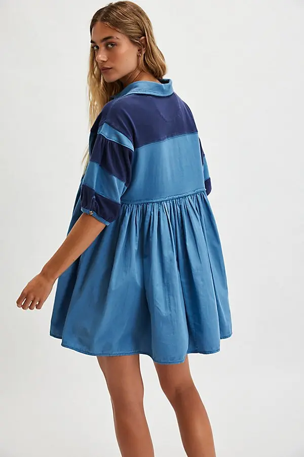 free people blue and white striped dress Free People Goldie Baloon Sleeve Dress Indigo Combo / Medium main image 0
