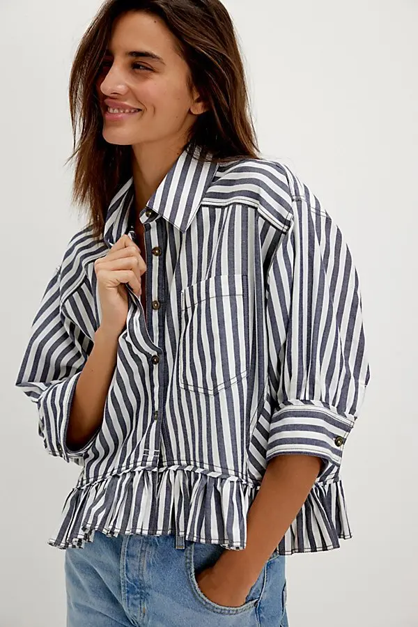 Free People We The Free Bailey Stripe Shirt - Nautical Navy Combo