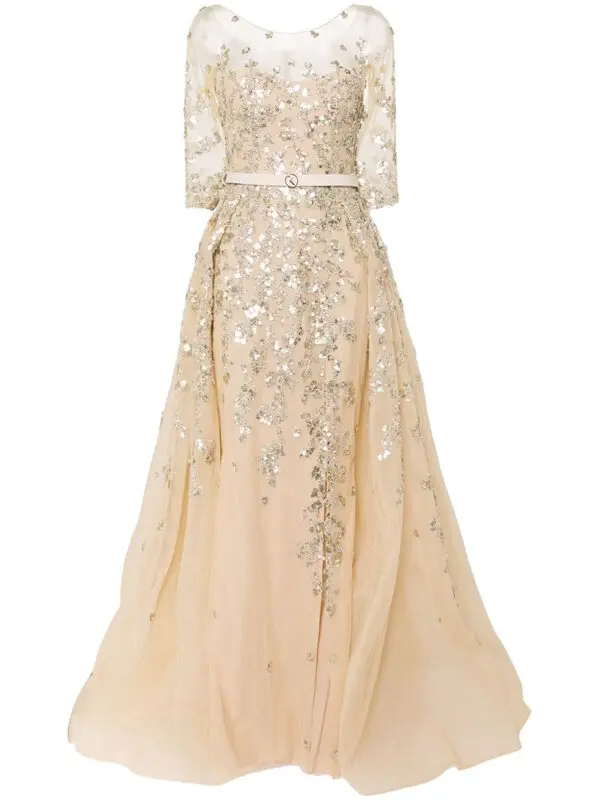 SAIID KOBEISY Beaded Tulle Gown - Neutrals