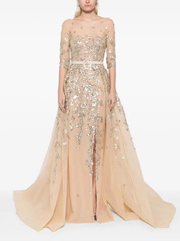 SAIID KOBEISY Beaded Tulle Gown - Neutrals