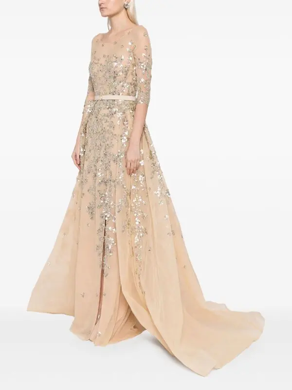 SAIID KOBEISY Beaded Tulle Gown - Neutrals