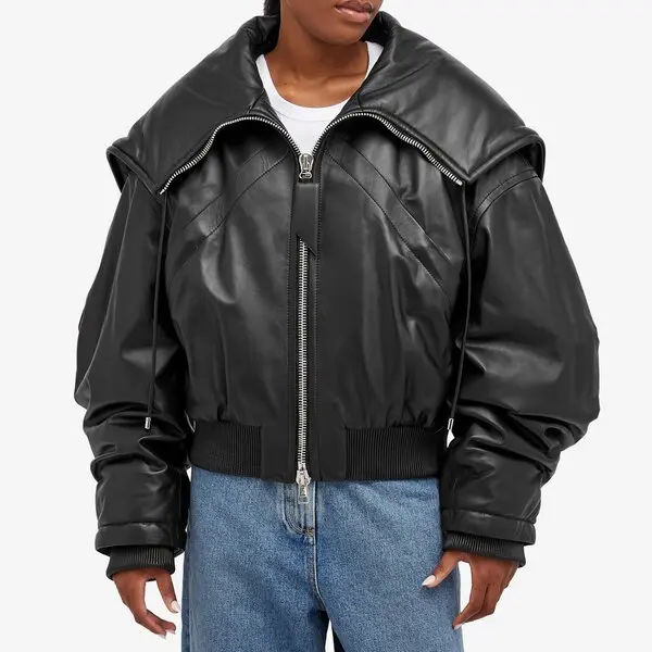 Attico Oversized Leather Bomber Jacket In Black - 50% Off