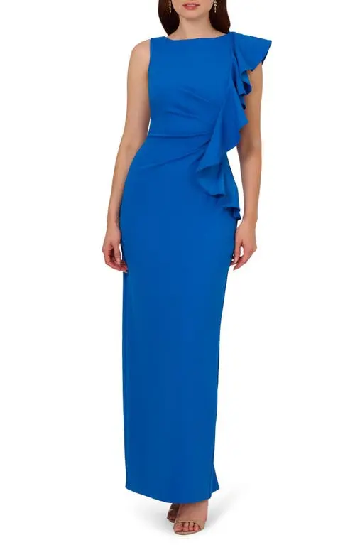 Adrianna Papell Ruffle Crepe Column Gown - Cool Cobalt | Editorialist
