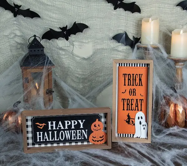 NORTHLIGHT Set Of 2 Happy Halloween Wooden Shad W Box Plaques - One-color