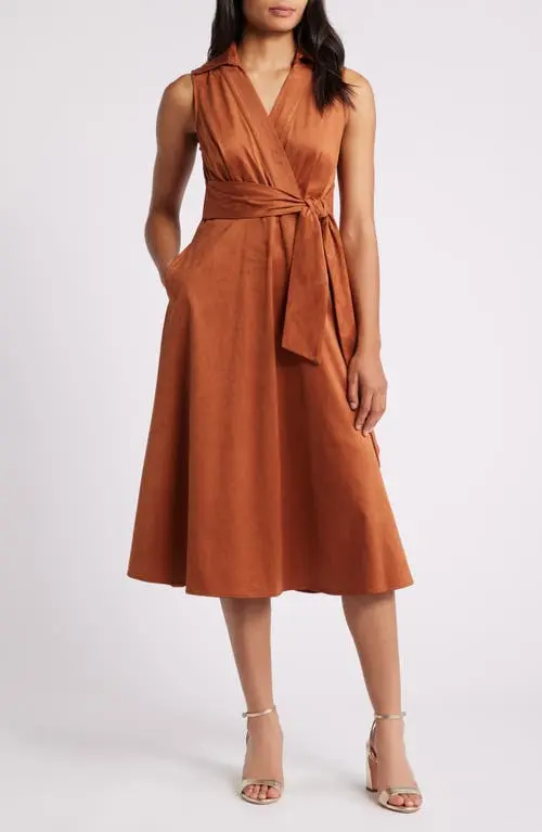 Tahari Asl Tie Belt Faux Wrap Dress - Walnut | Editorialist