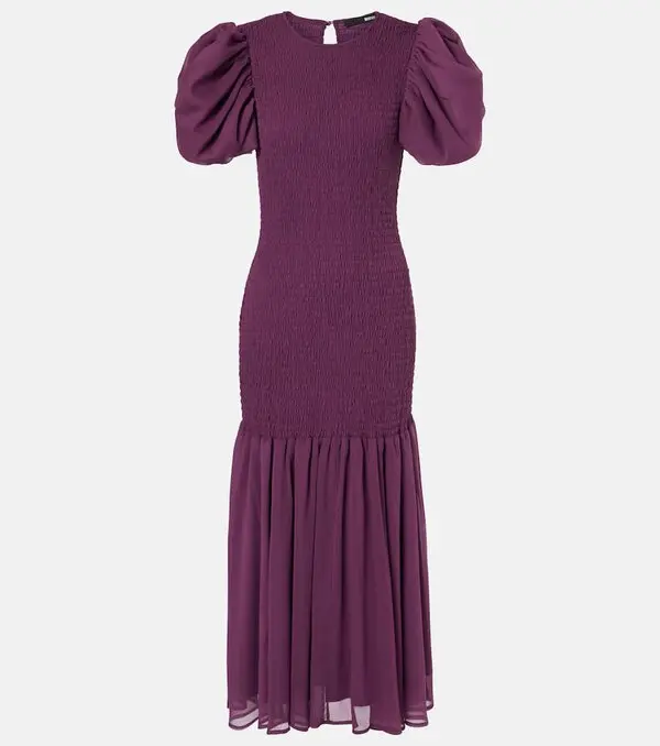 purple shirred dress Reiss Florere Plunge Neck Shirred Maxi Dress in Dark Purple