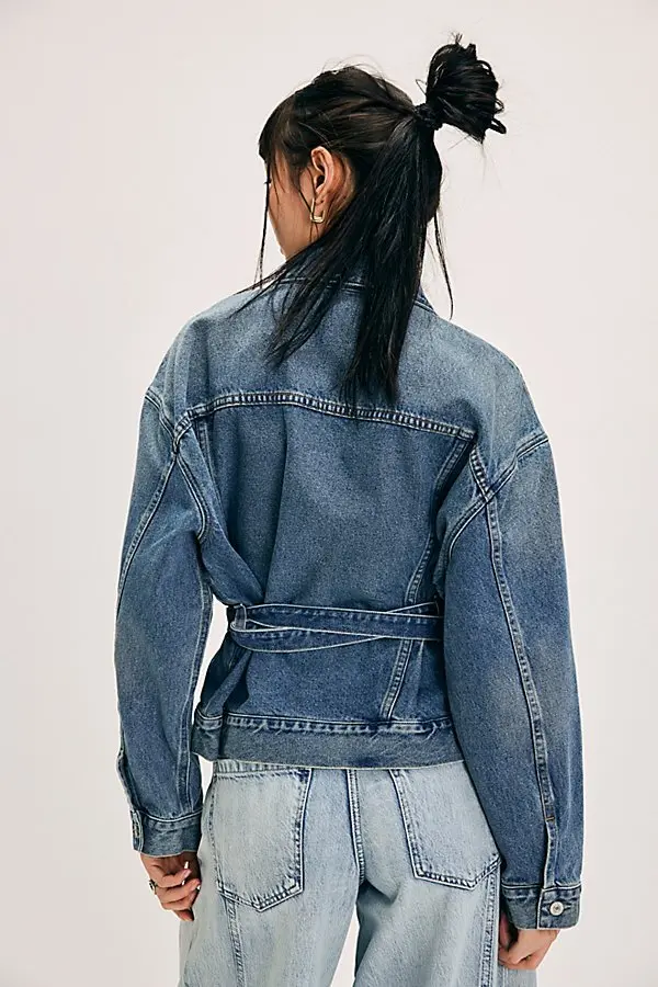 【HOUGA】 jean frill belt  /  jean jacket Suvimuga Women's Denim Jacket Button Down Distressed Ruffle