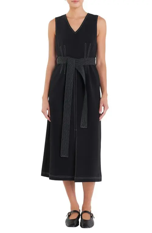 English Factory Stitch Detail Tie Belt Dress - Black