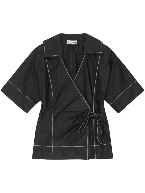 GANNI Contrast Piping Wrap Blouse
