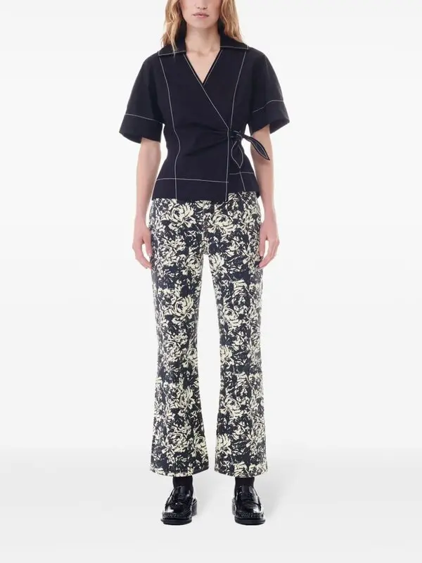 GANNI Contrast Piping Wrap Blouse