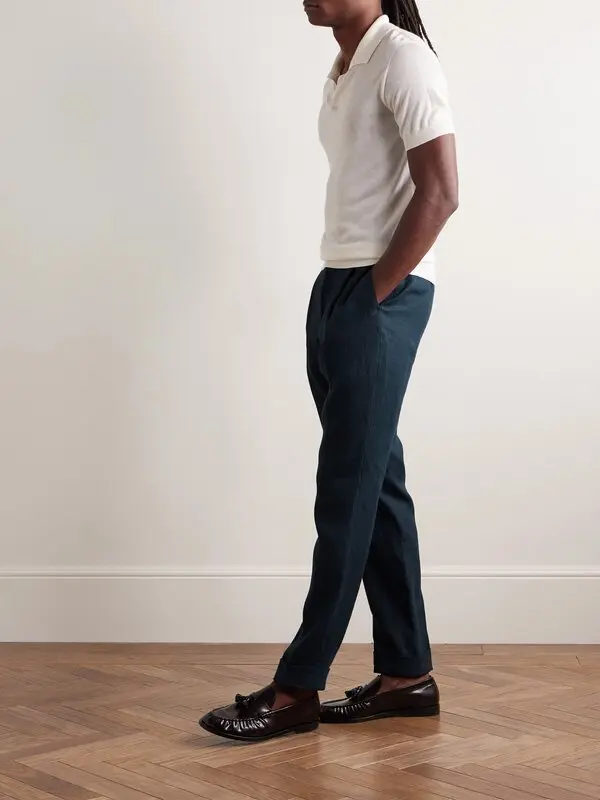SAMAN AMEL Slim-fit Pleated Linen Trousers