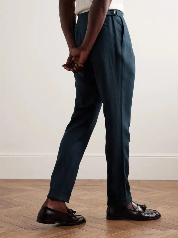 SAMAN AMEL Slim-fit Pleated Linen Trousers
