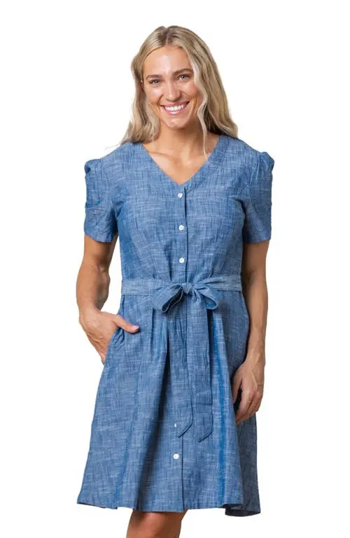 HOPE & HENRY Organic Button Front Chambray Shirt Dress - Blue Chambray