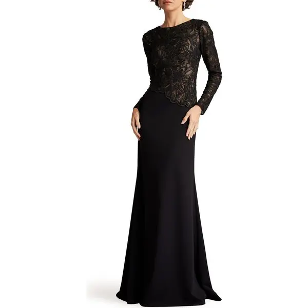 Tadashi Shoji Embroidered Lace Long Sleeve Gown - Black/nude
