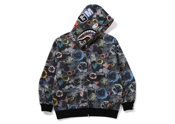 A BATHING APE Floral Camo Shark Relaxed Fit Full Zip Hoodie - Black