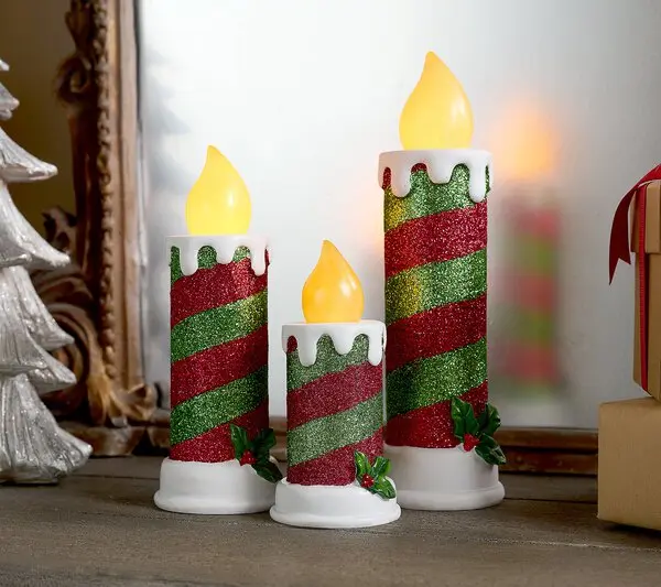 MR. CHRISTMAS As Is Set Of 3 Nostalgic Candletrio W/ Holly - One-color
